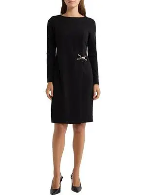 Anne Klein Long Sleeve Scuba Sheath Dress With Hardware Detail - Black