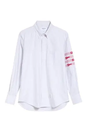 Thom Browne Lobster Embroidery Detail Stripe Cotton Button-down Shirt - Medium Grey