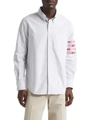 Thom Browne Lobster Embroidery Detail Stripe Cotton Button-down Shirt - Medium Grey