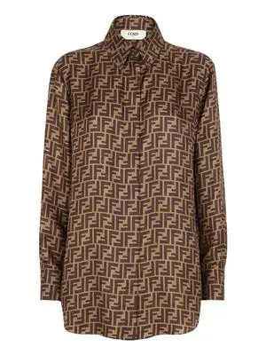 Fendi FENDI Silk Twill FF Jacquard Long-Sleeve Shirt Marrone