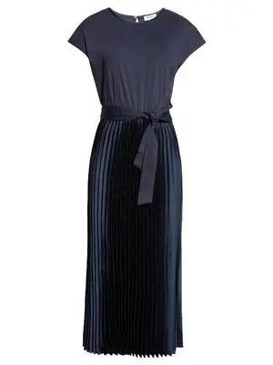 Max Mara Tie-waist Pleated Maxi Dress - Navy