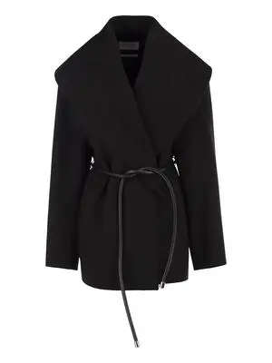 Sportmax Hand-sewn Double Virgin Wool Jacket With Scarf Collar And Belt - Nero