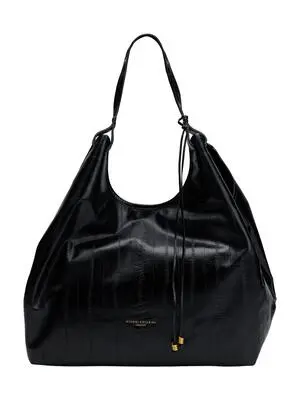 GIANNI CHIARINI New" Shiny Finish Hobo Shoulder Handbag With Front Zip Pocket - Black