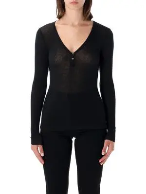 JAMES PERSE Ribbed Long-sleeve Deep V-neck Henley Top - Nero
