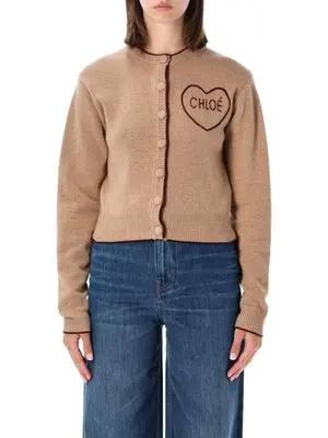 Chloé Soft Wool-cashmere Crew Neck Cardigan With Heart Appliqu - Bleached Brown