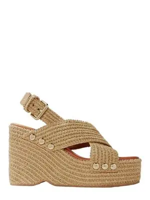 Maje Raffia Effect Wedge Sandals With Gold Tone Studs And Adjustable Buckle - Beige Light
