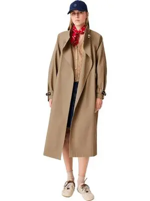Maje Long Belted Trench Coat With Gold Buttons - Beige