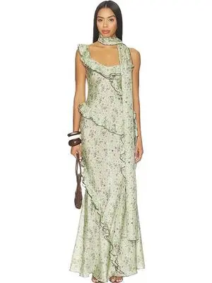 SIEDRES Monica Printed Chiffon Gown With Metallic Threading And Ruffles - Light Green Multi