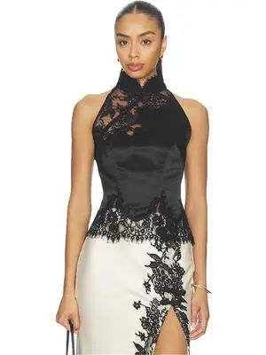 SAU LEE Elva Satin Top With Lace Trim - Black