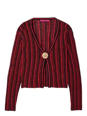 THE ELDER STATESMAN Striped Openwork Knit Cotton Cardigan - Red