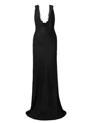 Brandon Maxwell Lace Trimmed Plunge Neck Maxi Dress - Black