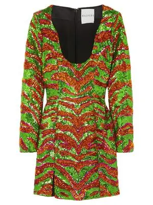 Halpern Sequin Zebra Print Dress - Green