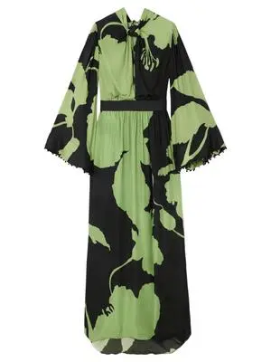 Johanna Ortiz Printed Silk Maxi Dress With Beaded Cuffs - Black