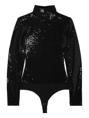 Michael Kors Sequined Crepe Turtleneck Thong Bodysuit - No