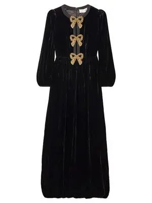 Saloni Camille Velvet Gown With Bow Embellishments - Black
