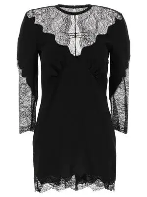 Attico Virgin Wool Crepe Lace Trimmed Dress - Black
