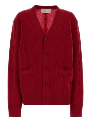 AMI Paris Wool Cardigan With De Coeur Embroidery - Red