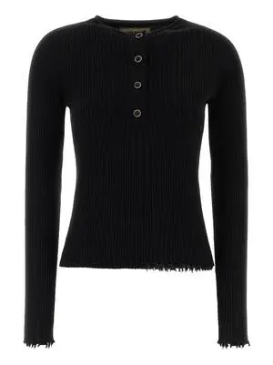 UMA WANG Ribbed Cashmere Henley Sweater With Distressed Cuffs - Black