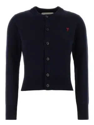 AMI Paris Navy Wool Cardigan With De Coeur Embroidery - Blue