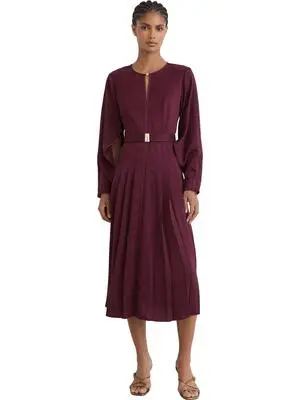 REISS Kea Houndstooth-check Belted Midi Dress - Berry Red