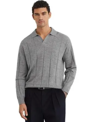 REISS Compton Wool Square-textured Open-collar Polo Jumper Grey