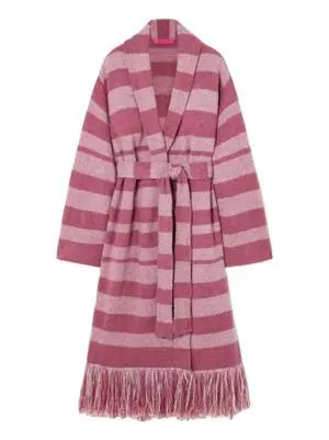 THE ELDER STATESMAN The Elder Statesman Belted Fringed Striped Cashmere Cardigan