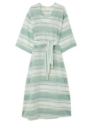 ADMONA Lightweight Striped Cover-up Dress With Tie Waist - Green