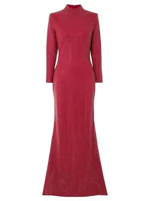 Solace Embellished Long-sleeve High-neck Gown - Red
