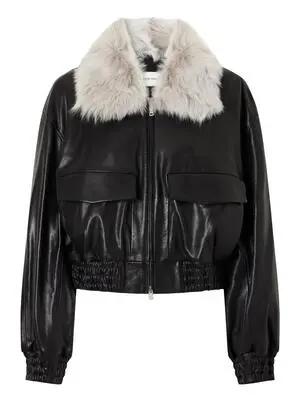 Nour Hammour Long Sleeve Leather Bomber Jacket With Fur Collar - Black