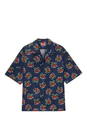 Kenzo Loves' Hawaiian Short Sleeve Shirt In Cotton Poplin - Blue-black