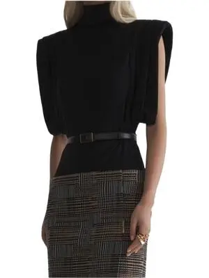 MUGLER Sleeveless Draped Jersey Top With Funnel Neck - Black