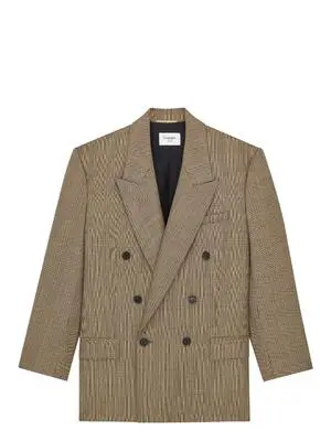 Saint Laurent Double-breasted Jacket In Prince Of Wales Puppytooth Wool - Brown