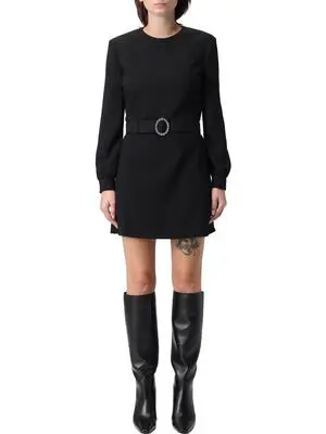 Saint Laurent Long Sleeve Dress With Embellished Belt - Black