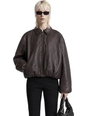 Magda Butrym Cropped Distressed Leather Bomber Jacket - Brown
