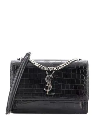 Saint Laurent Sunset Chain Wallet Crocodile Embossed Leather Crossbody Bag - Black