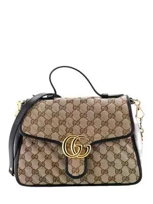 Gucci Gg Marmont Top Handle Flap Bag Diagonal Quilted Gg Canvas With Leather Small Satchel - Black