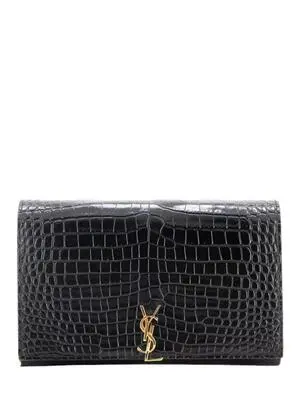 Saint Laurent Crocodile Embossed Leather Monogram Flap Wallet - Black