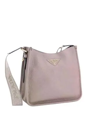 Prada Leather Medium Hobo Bag With Logo Strap - Grey
