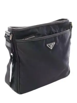 Prada Enamel Triangle Logo Shoulder Bag - Black
