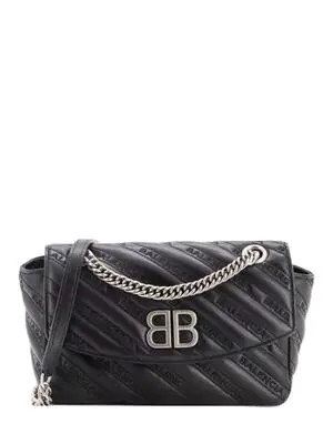 Balenciaga Bb Chain Round Shoulder Bag Embossed Leather Small Crossbody Bag - Black