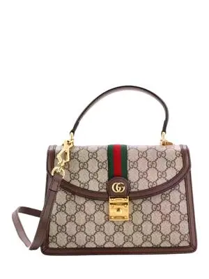 Gucci Ophidia Flap Top Handle Bag Gg Coated Canvas Small Satchel - Brown