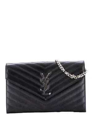 Saint Laurent Classic Monogram Wallet On Chain Matelasse Chevron Leather Medium Crossbody Bag - Black
