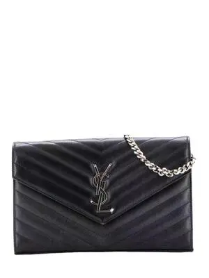 Saint Laurent Matelassé Chevron Leather Monogram Wallet On Chain Bag - Black