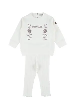 Moncler Moncler Baby Cream Set: Floral Embroidered Sweatshirt & Rib-Knit Leggings Bianco