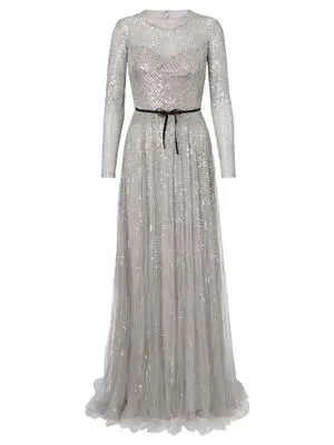 Monique Lhuillier Bow-detail Sequined Tulle Bustier Gown - Silver