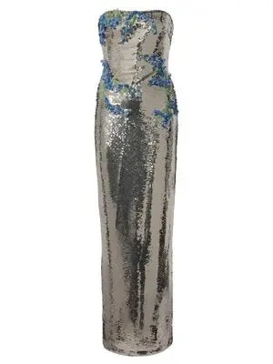 Monique Lhuillier Sequined Bustier Gown With Floral Appliqu - Silver