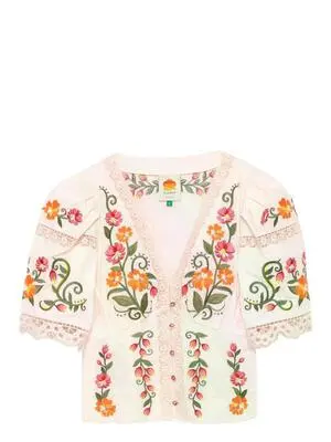 Farm Rio FARM Rio Embroidered Puff-Sleeve Blouse Pink