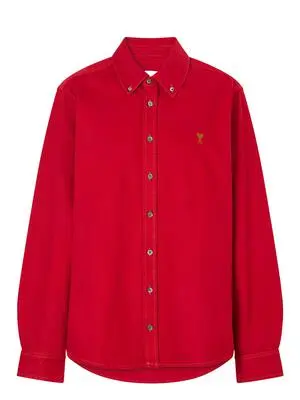 AMI Paris Logo Embroidered Cotton Twill Shirt - Red
