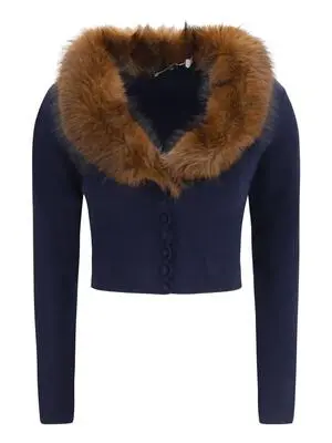 SELF-PORTRAIT Self-Portrait Cropped Knit Cardigan With Detachable Faux Fur Collar Blue