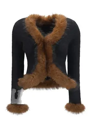 SELF-PORTRAIT Faux Fur Trimmed Knit Cardigan - Blue